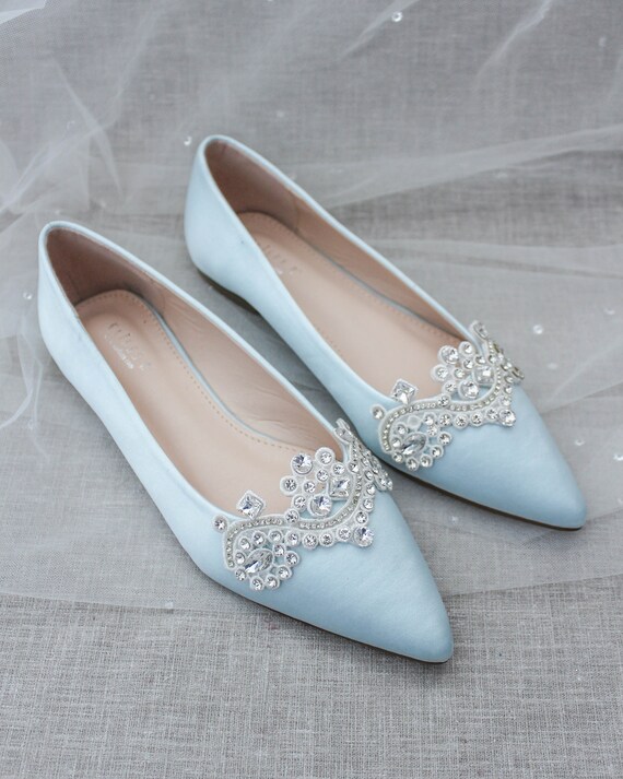 Light Blue Satin Pointy Toe Flats With RHINESTONE APPLIQUÉ | Etsy