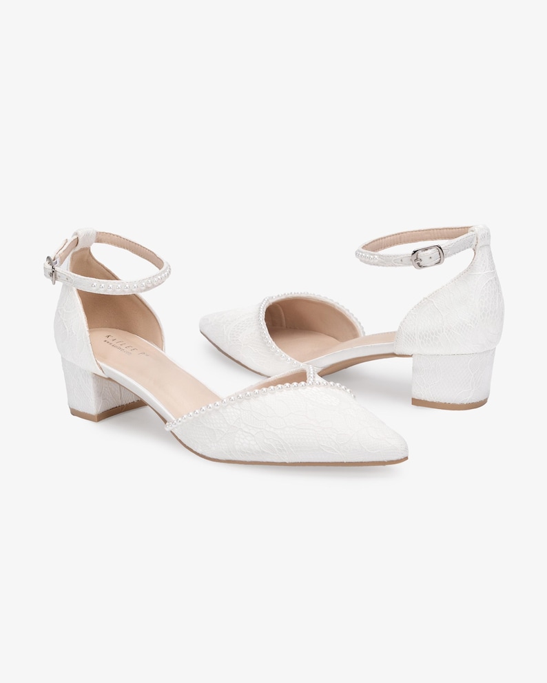 Ivory & White Lace Pointy Toe Low Block Heels Wedding Shoes With Mini ...