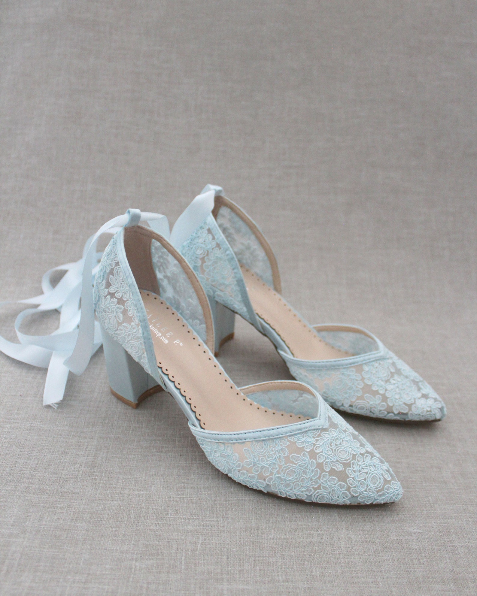 Light Blue Crochet Lace Almond Toe Block Heels With Ballerina - Etsy