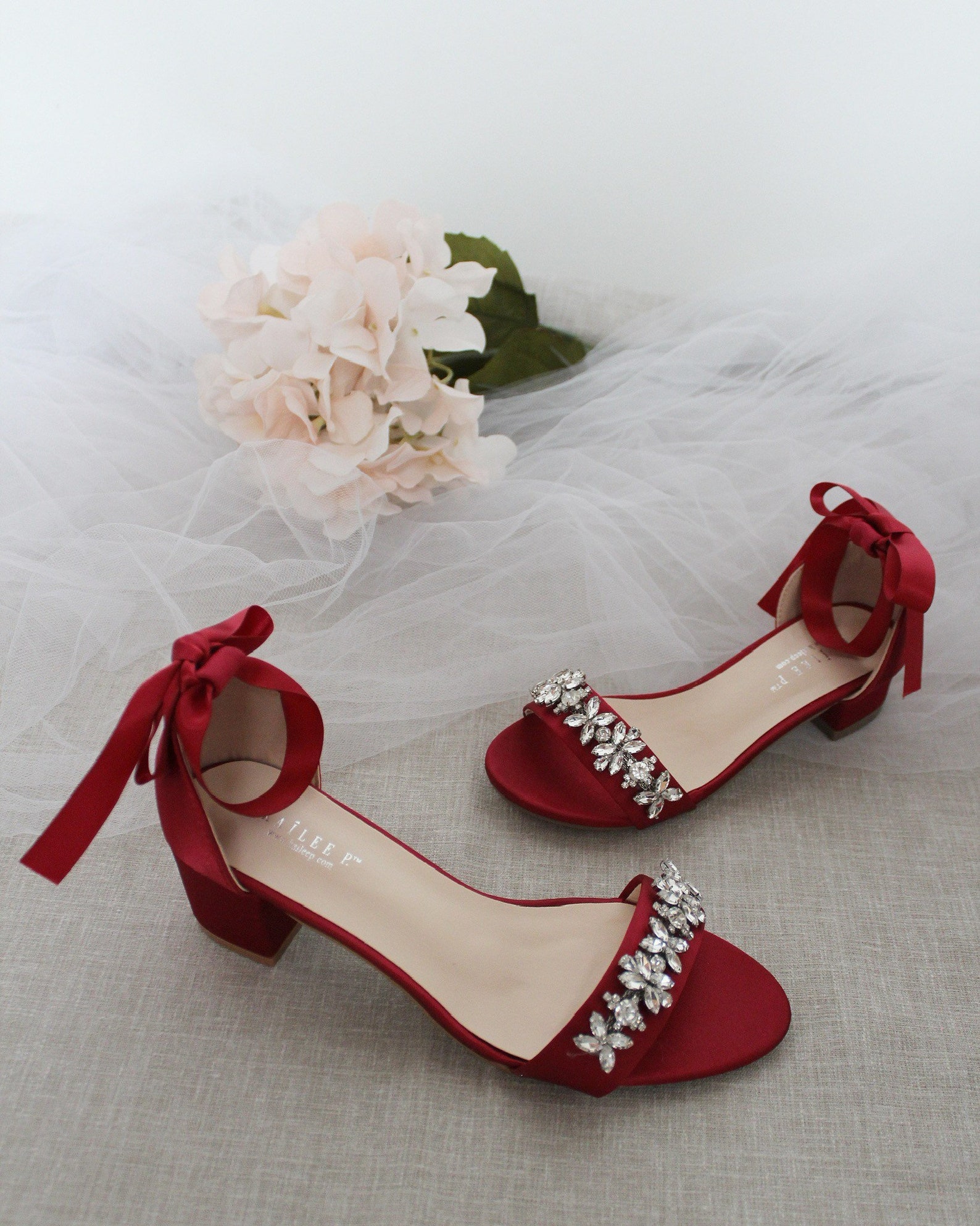 Burgundy Satin Block Heel Sandal With FLORAL RHINESTONES Upper - Etsy