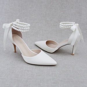 Ivory Satin Pointy Toe Heels With Trinity Pearls Ankle Strap - Wedding ...