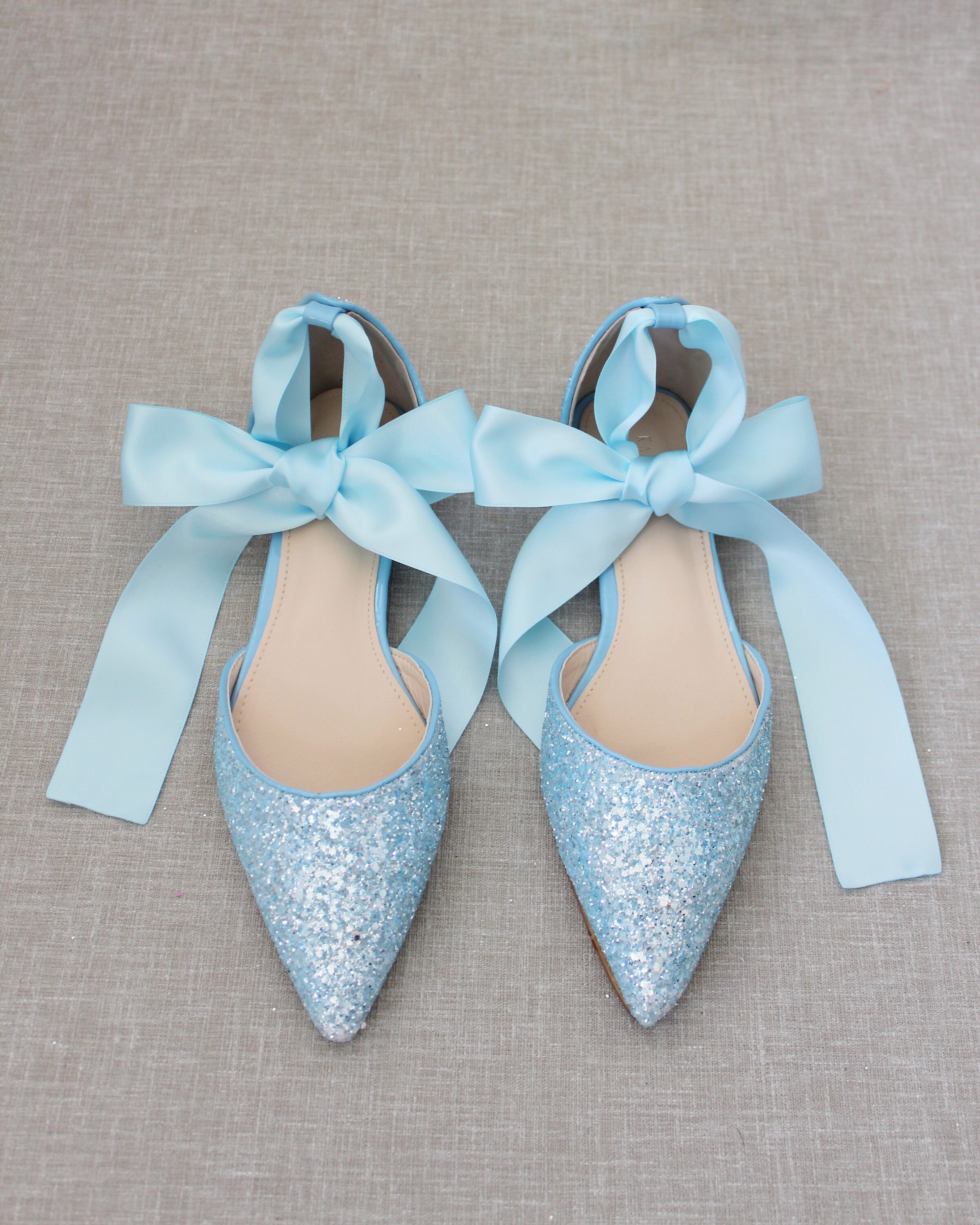 Light Blue Rock Glitter Pointy Toe Flats With Satin ANKLE TIE | Etsy