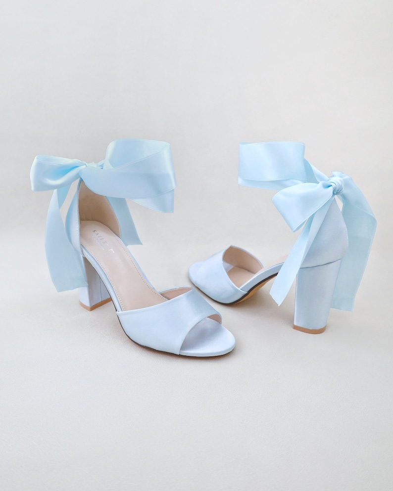 Light Blue Satin Block Heel Wedding Sandals With Wrapped Ribbon Tie ...