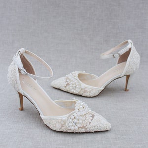 Ivory Crochet Lace Pointy Toe HEELS With Small Pearl Applique, Women ...