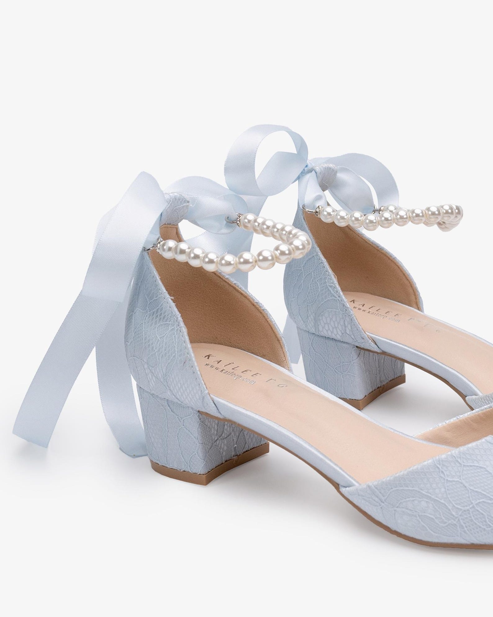 Light Blue Lace Pointy Toe Low Block Heels Wedding Shoes With All Pearl ...