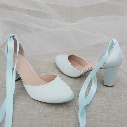 Light Blue Crochet Lace Almond Toe Block Heels With Ballerina - Etsy