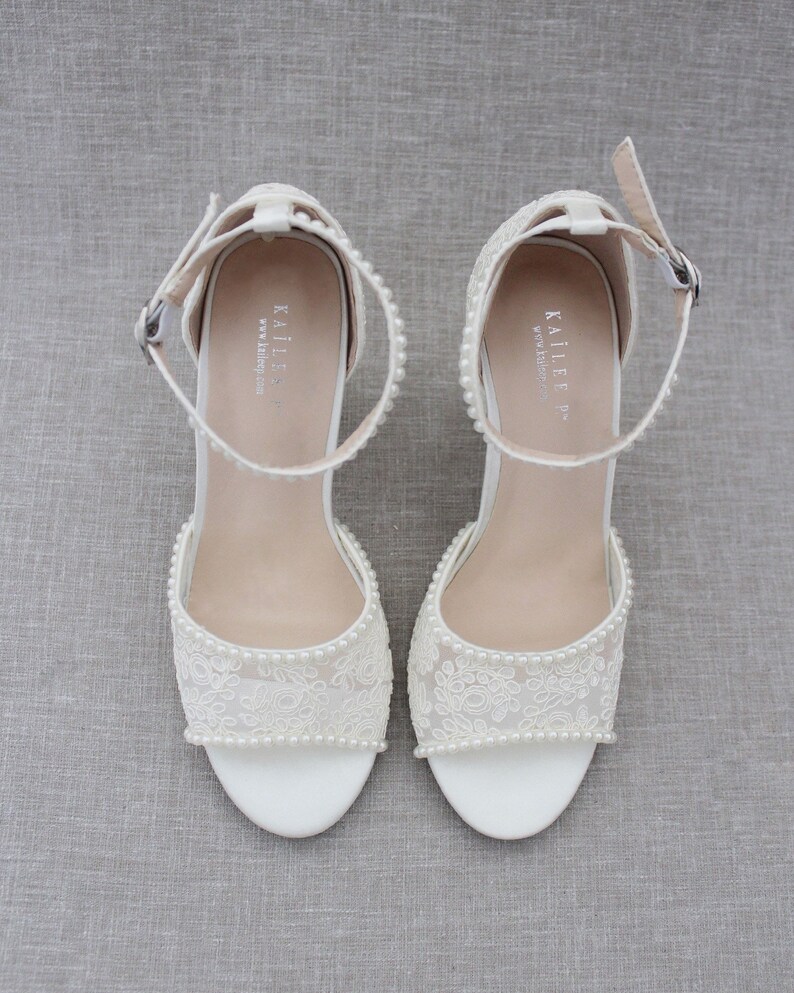 White & Ivory Crochet Lace Block Heel Sandals With MINI PEARLS | Etsy