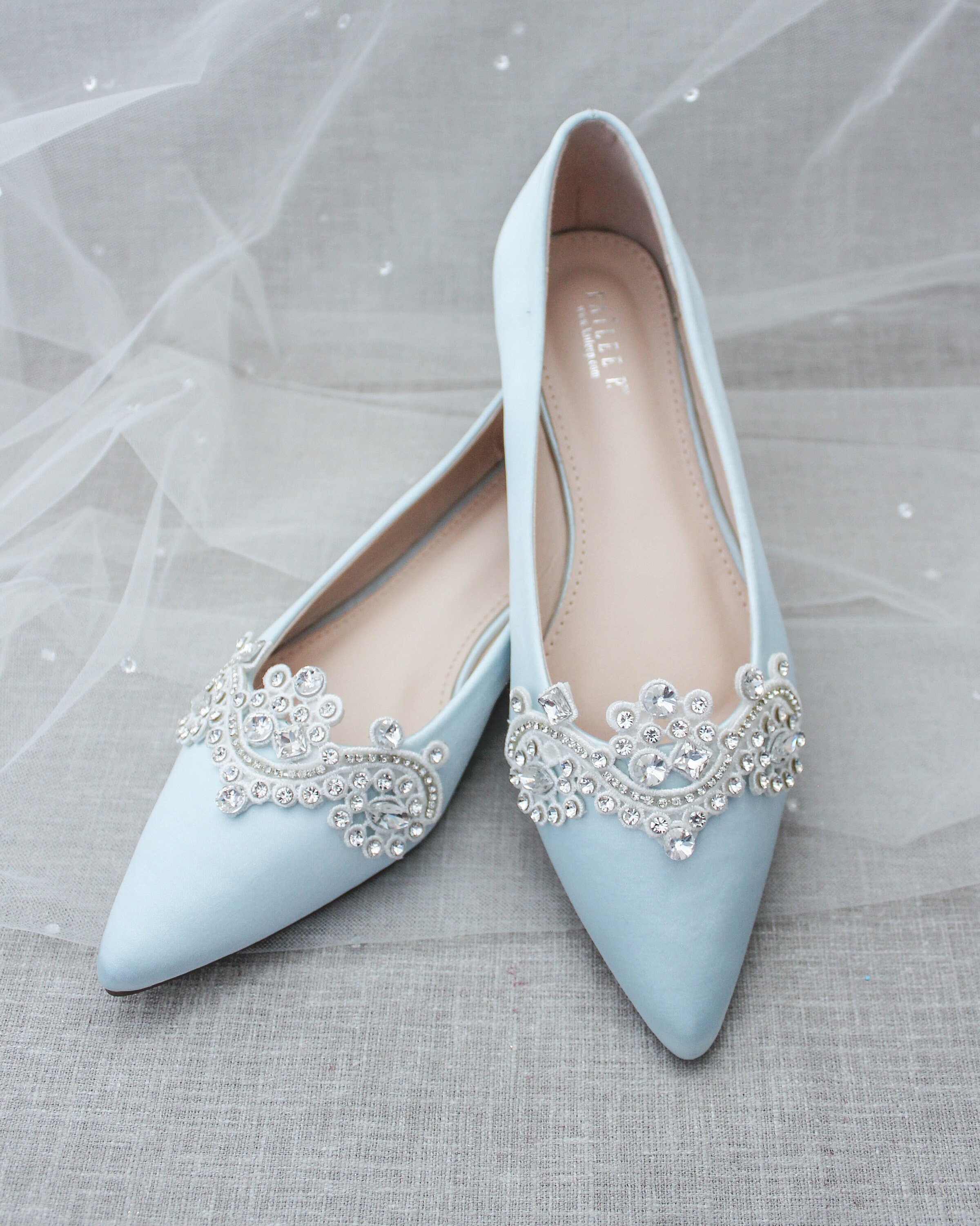 Light Blue Satin Pointy Toe Flats With RHINESTONE APPLIQUÉ | Etsy