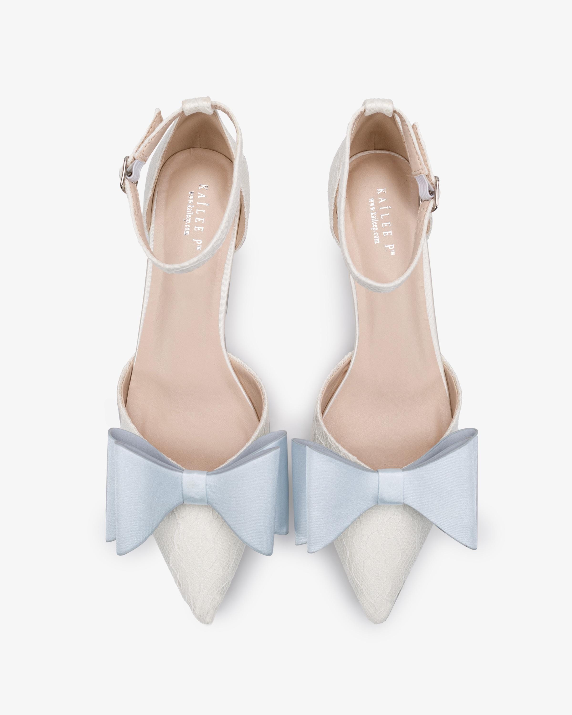 Ivory & White Lace Pointy Toe Low Block Heels Wedding Shoes With Light ...