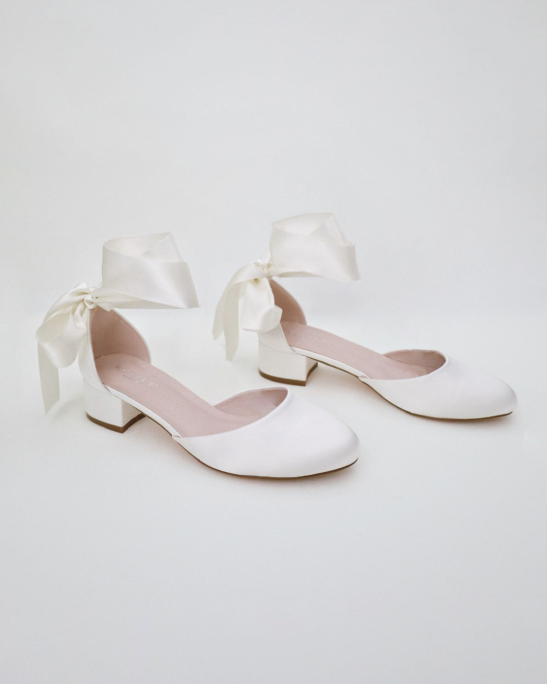 Ivory Round Toe Satin Block Heel With Wrapped Ribbon Tie, Women Wedding ...