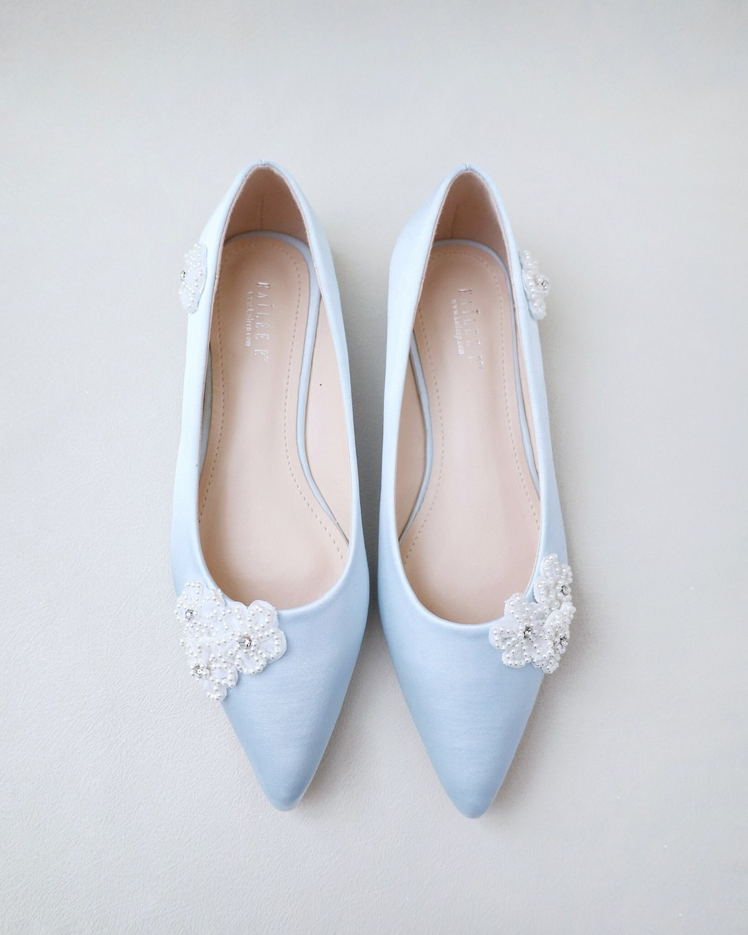 Light Blue Wedding Flats With All Pearls Chassia Flowers, Wedding Shoes ...