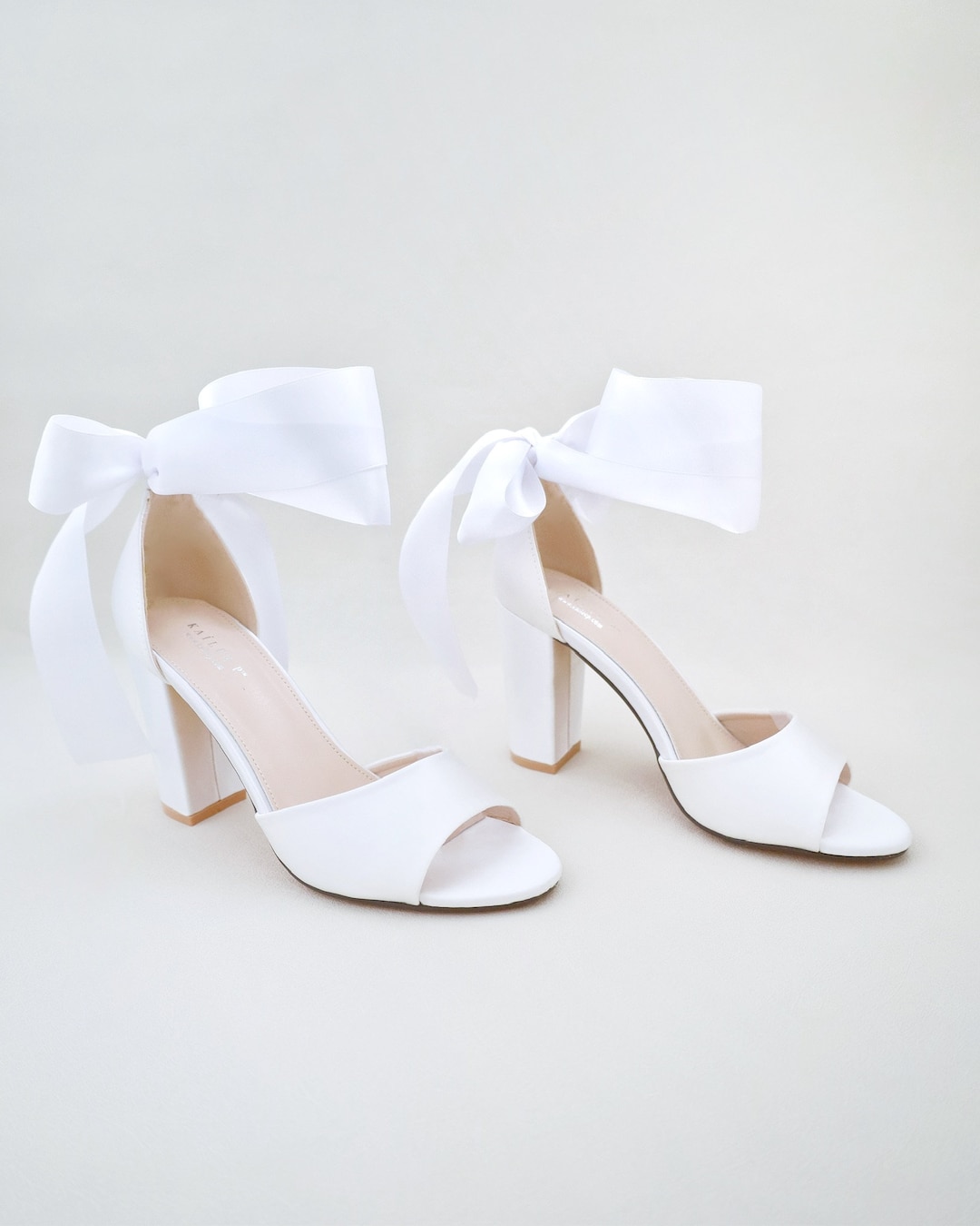 White Satin Block Heel Wedding Sandals With Wrapped Ribbon Tie - Women ...