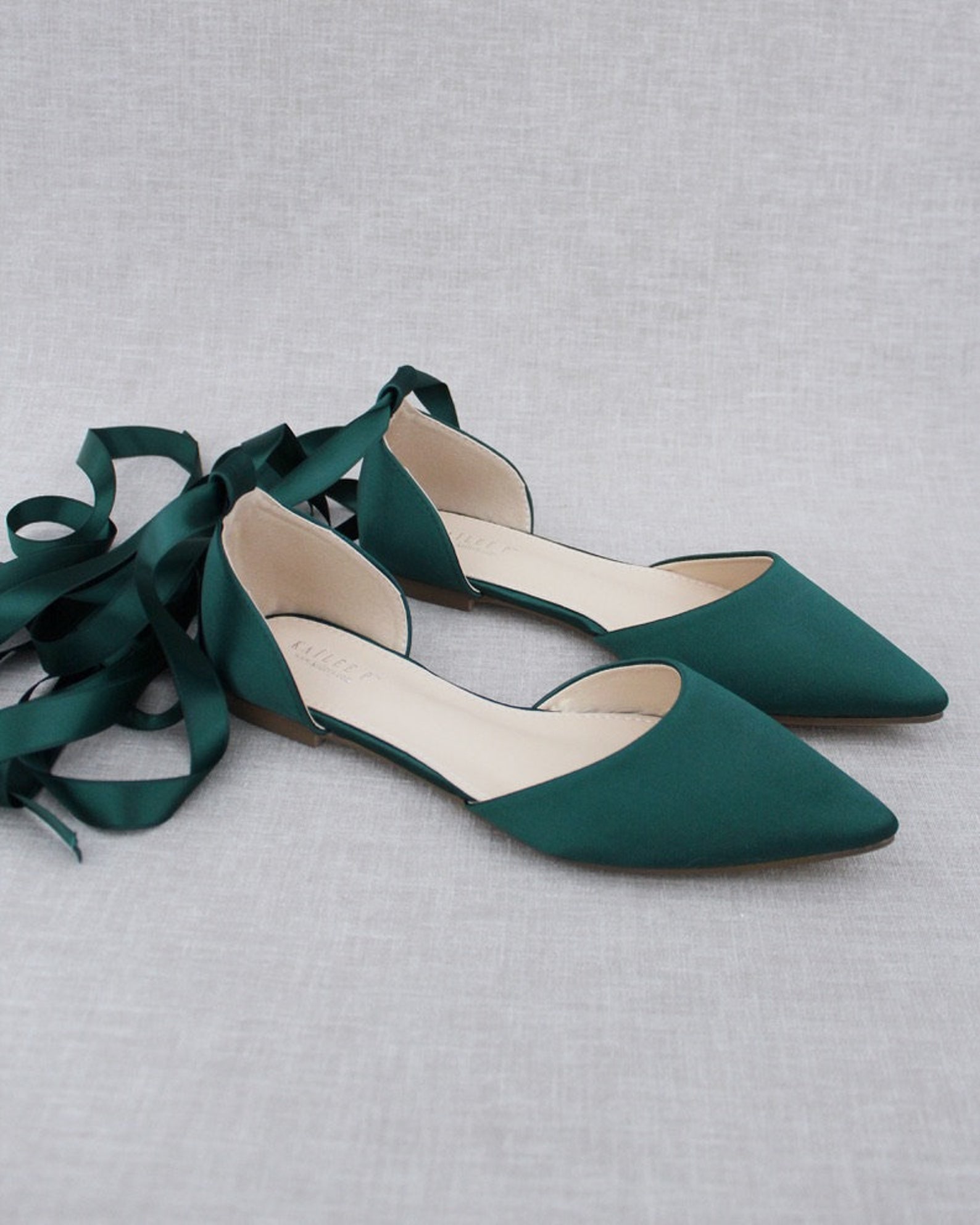 Hunter Green Satin Pointy Toe Flats With Satin ANKLE TIE or - Etsy