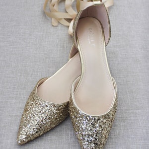 Gold Rock Glitter Pointy Toe Flats With Satin ANKLE TIE or BALLERINA ...