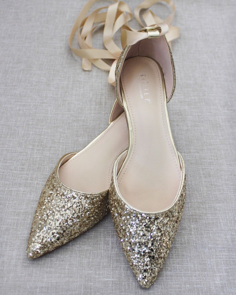 Gold Rock Glitter Pointy Toe Flats With Satin ANKLE TIE or BALLERINA ...