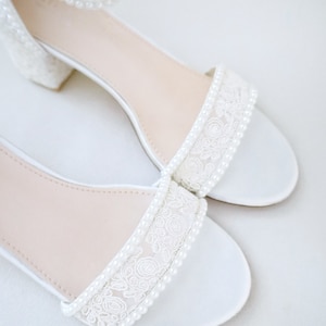 Crochet Lace Block Heel Wedding Sandals With Mini Pearls - Bridesmaid ...