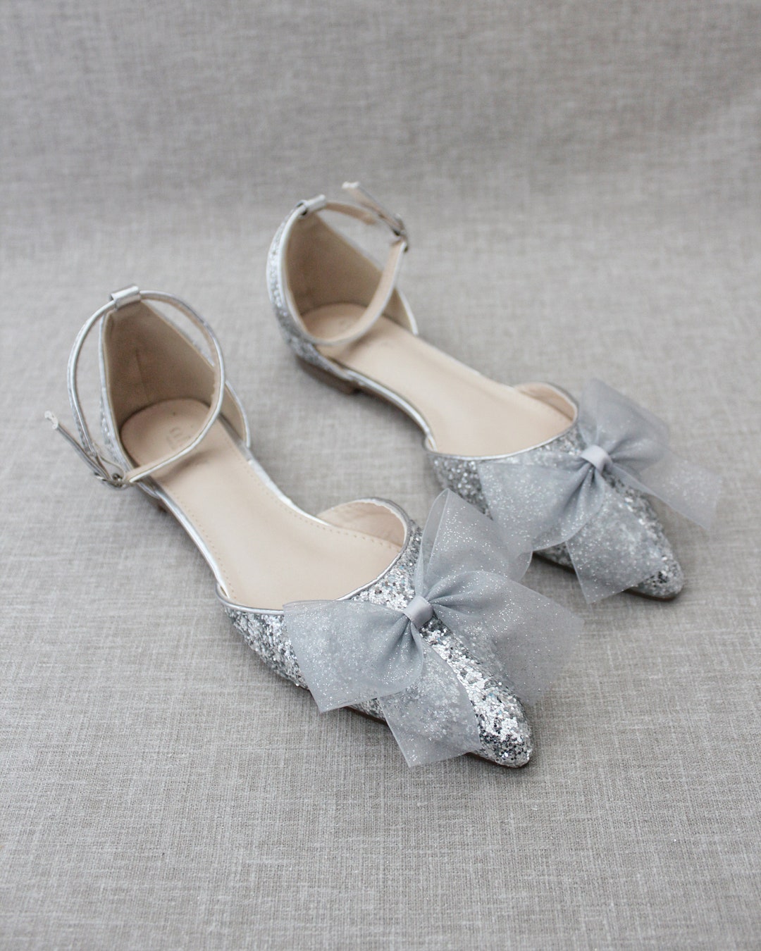 Silver Rock Glitter Pointy Toe Flats With Ankle Strap & Organza Bow ...