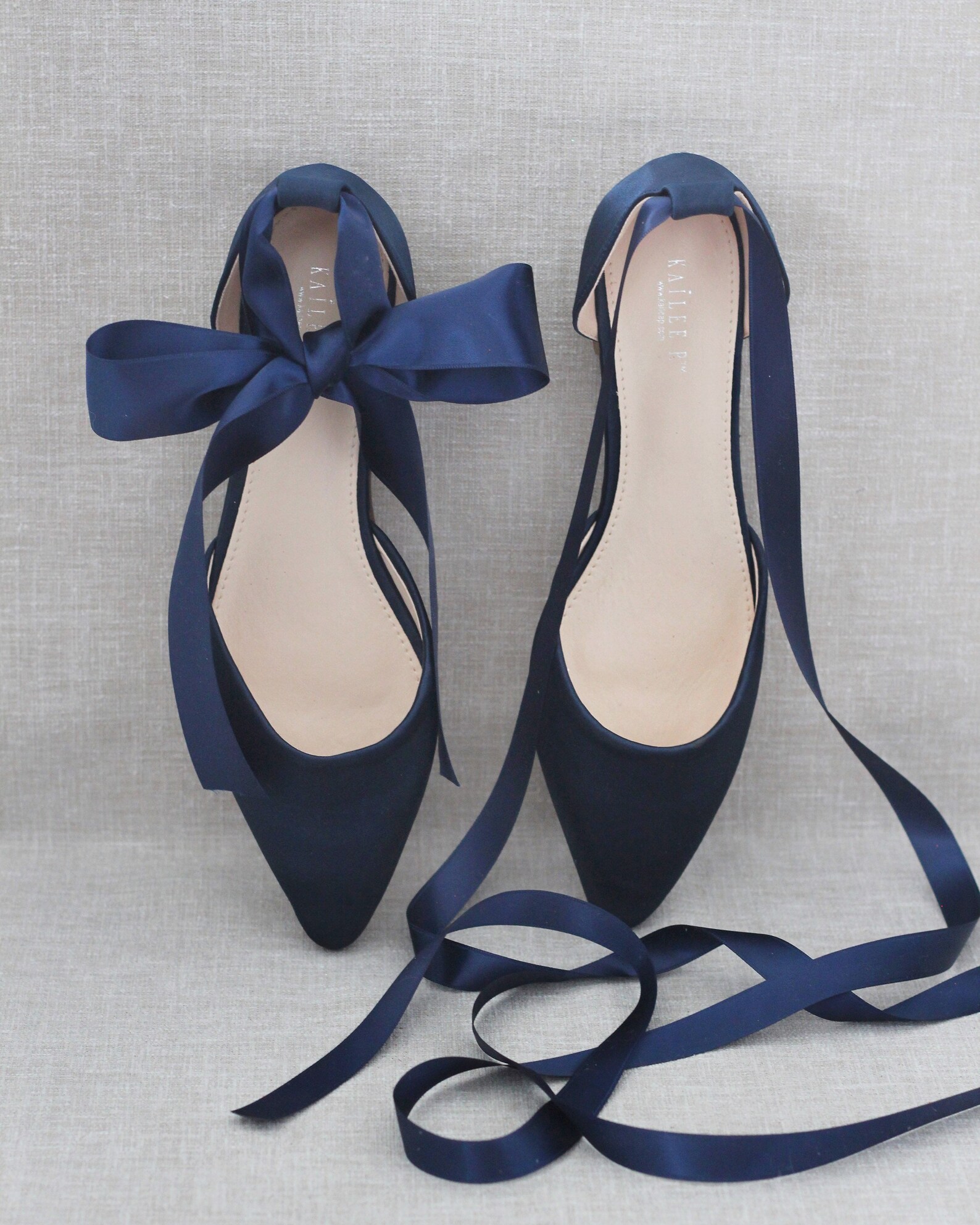 Navy Blue Satin Pointy Toe Flats With Satin ANKLE TIE or BALLERINA Lace ...