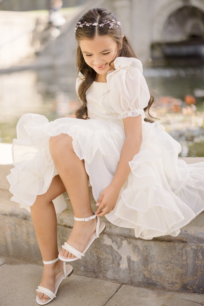 White Satin Flat Sandal With PEARLS and Ankle Strap, Bridesmaid Shoes ...