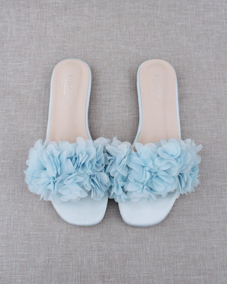 Light Blue Satin Slip on Sandals With Chiffon Flowers - Bridal Sandals ...