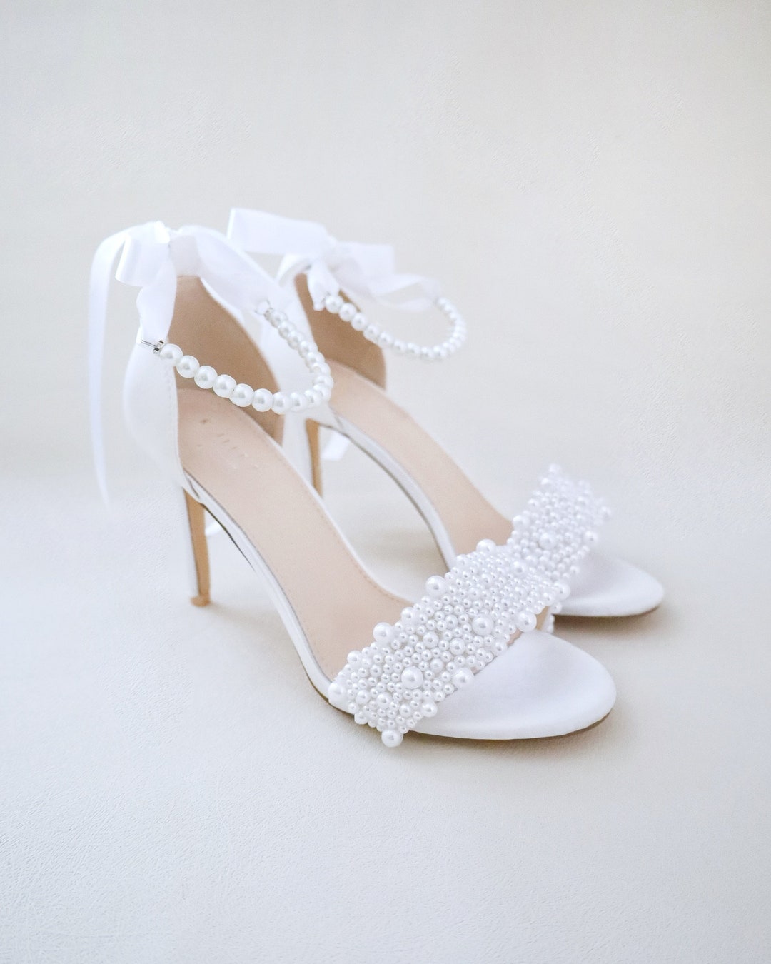 White Satin High Heel Wedding Sandals With Perla Applique and All ...