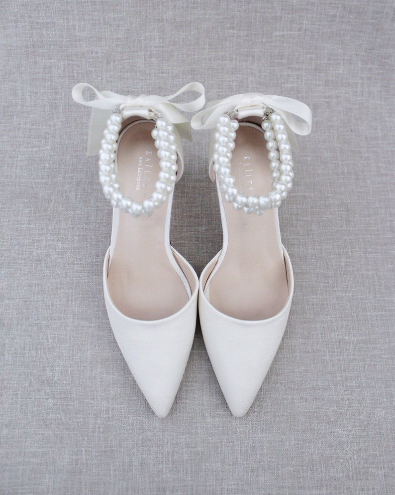 Ivory Satin Pointy Toe Heels With Trinity Pearls Ankle Strap - Etsy