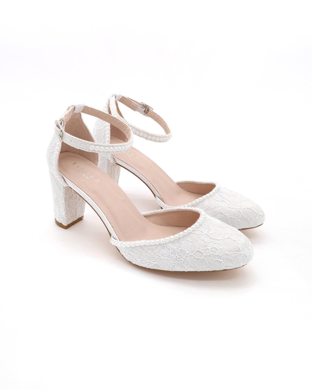 White Lace Block Heel With MINI PEARLS, Women Wedding Shoes, Bridal ...