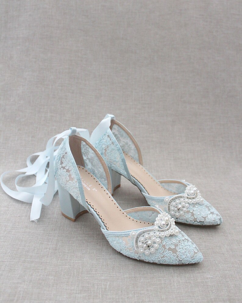 Light Blue Crochet Lace Almond Toe Block Heel With Small - Etsy