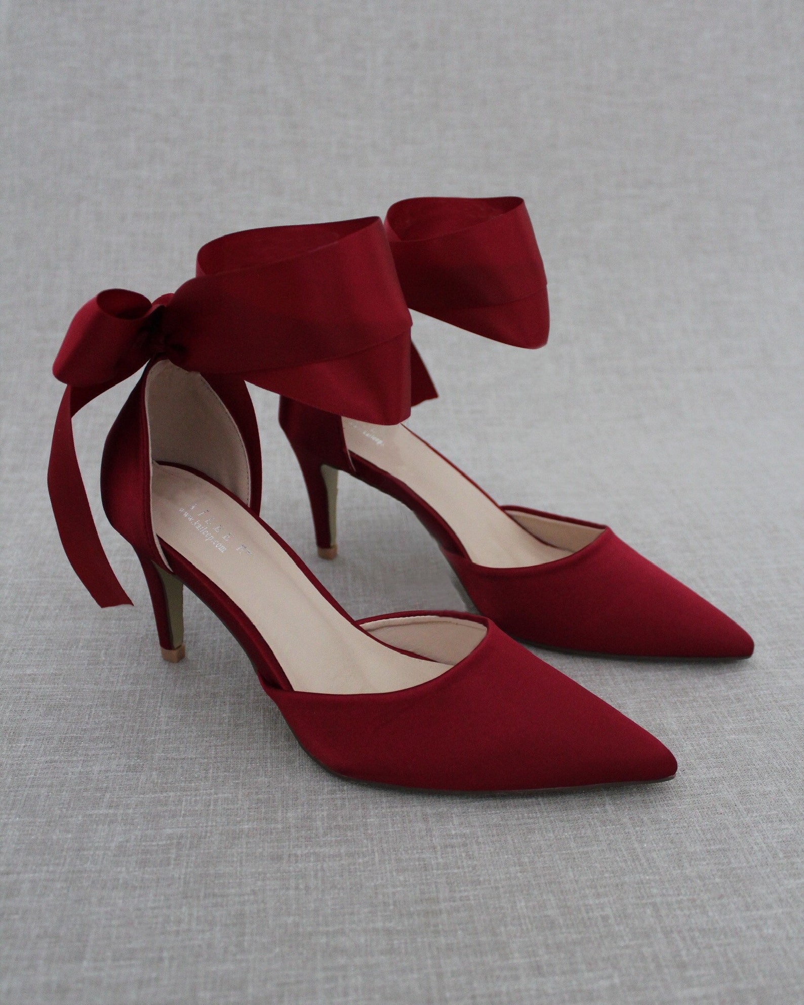 Burgundy Satin Pointy Toe Heels With WRAPPED SATIN TIE, Wedding Shoes ...