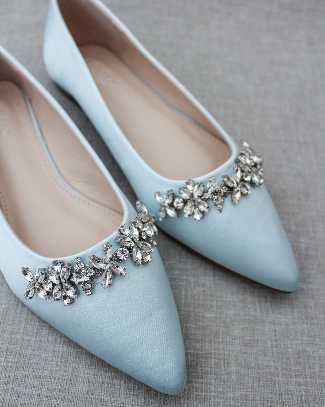 Light Blue Satin Pointy Toe Flats With FLORAL RHINESTONES ...