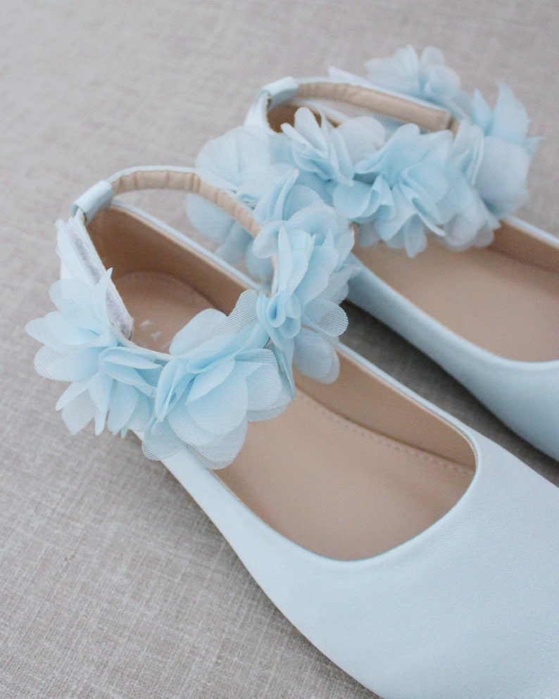 Light Blue Satin Flats With Chiffon Flowers Ankle Strap - Etsy
