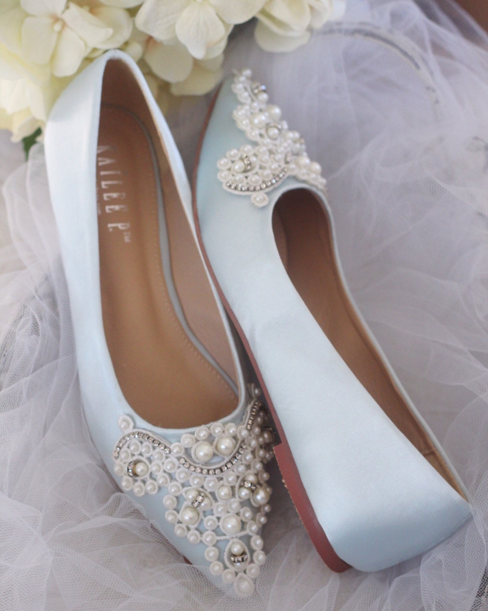 Light Blue Satin Pointy Toe Flats With OVERSIZED PEARLS | Etsy
