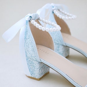 Light Blue Crochet Lace Block Heel Wedding Sandals With All Pearls ...