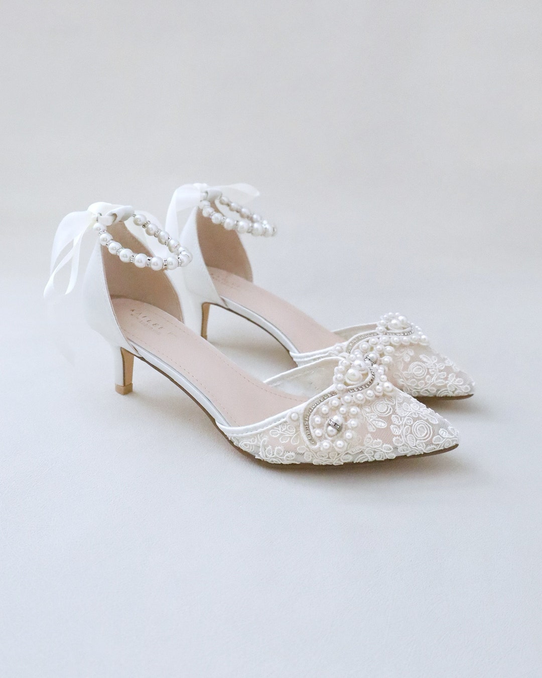 Ivory Crochet Lace Pointy Toe Wedding Low Heels With Small Pearls ...