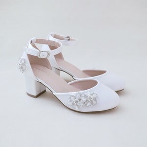 Girls White Satin Block Heel With Rhinestones Chassia Flowers, Flower ...
