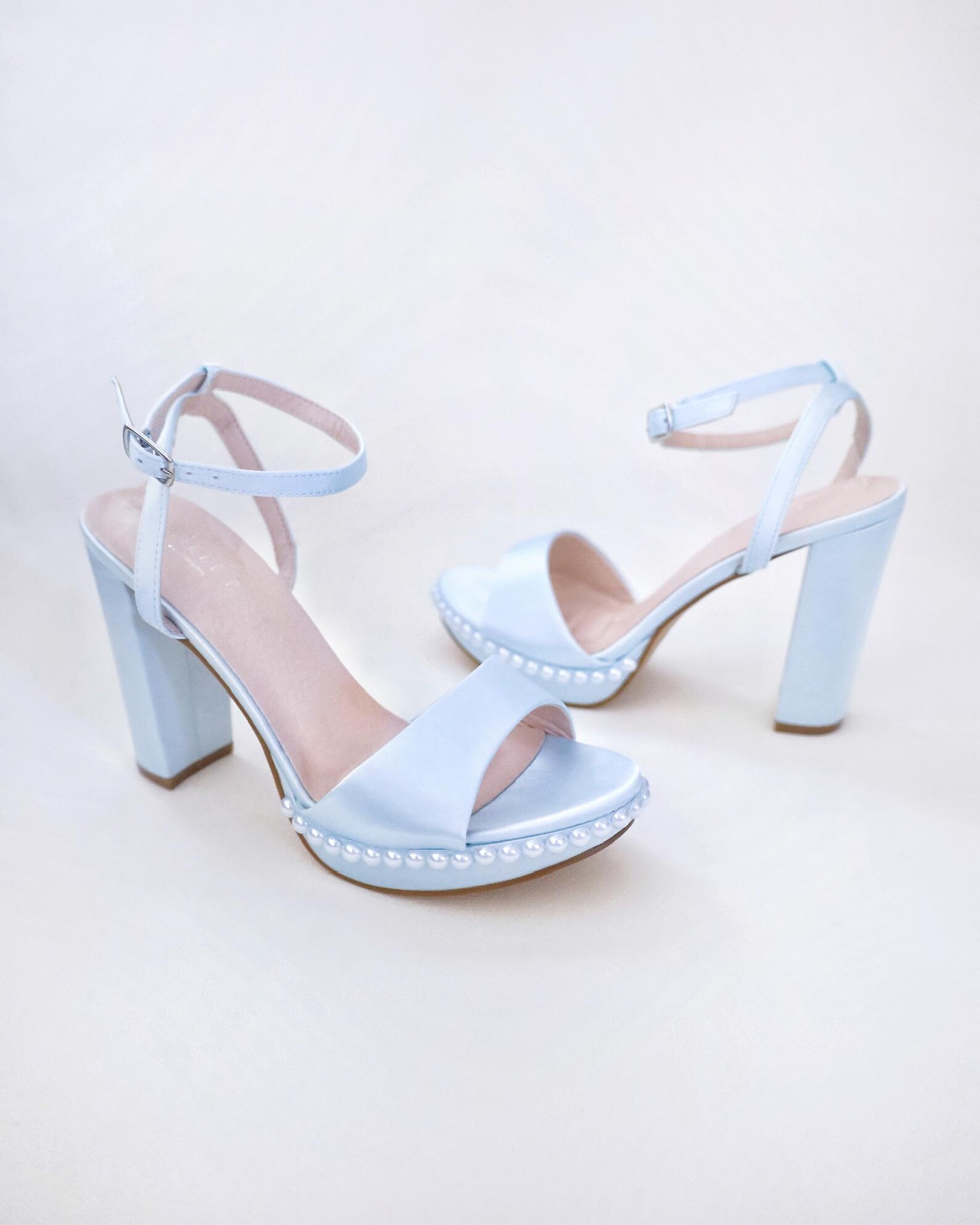 Light Blue Satin Platform Block Heel Evening Sandals With Pearls ...