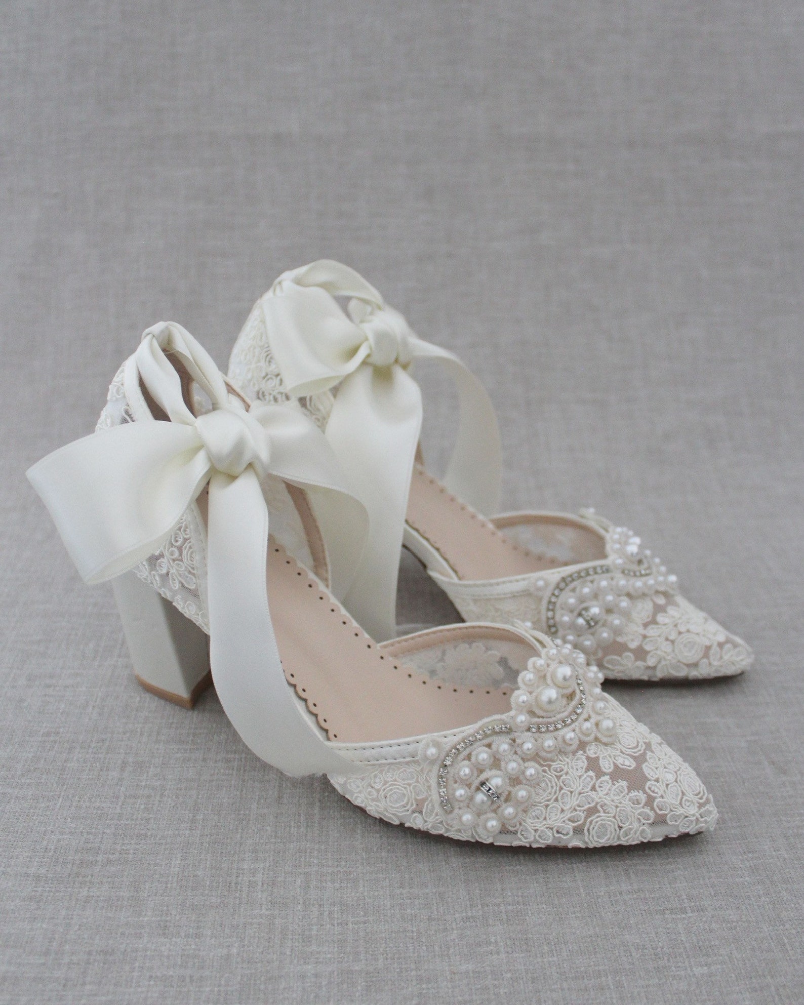 Ivory Crochet Lace Almond Toe Block Heel With Small Pearls - Etsy