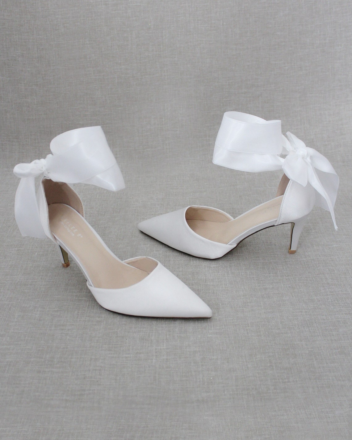 White Satin Pointy Toe Heels With WRAPPED SATIN TIE, Wedding Shoes ...