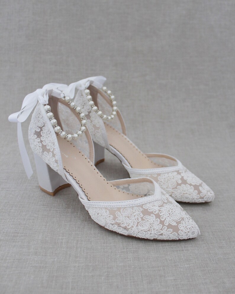 White Crochet Lace Almond Toe Block Heel With Pearl Ankle - Etsy