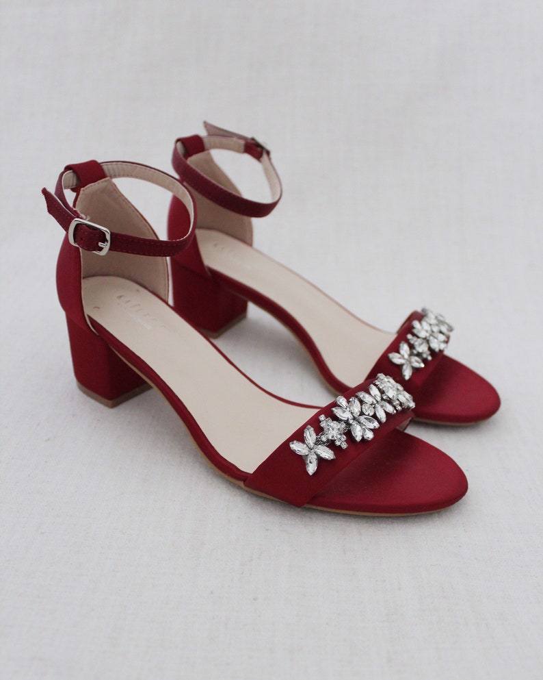 Burgundy Satin Block Heel Sandal With FLORAL RHINESTONES Upper - Etsy