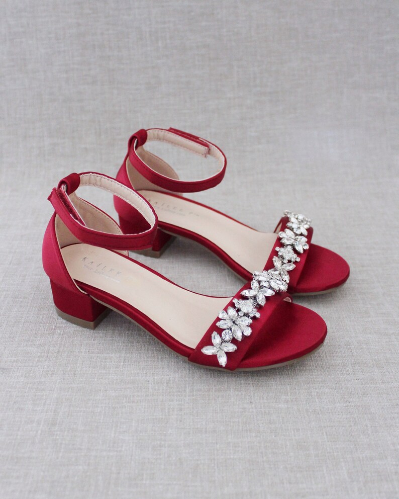 Burgundy Satin Block Heel Sandal With FLORAL RHINESTONES Upper - Etsy