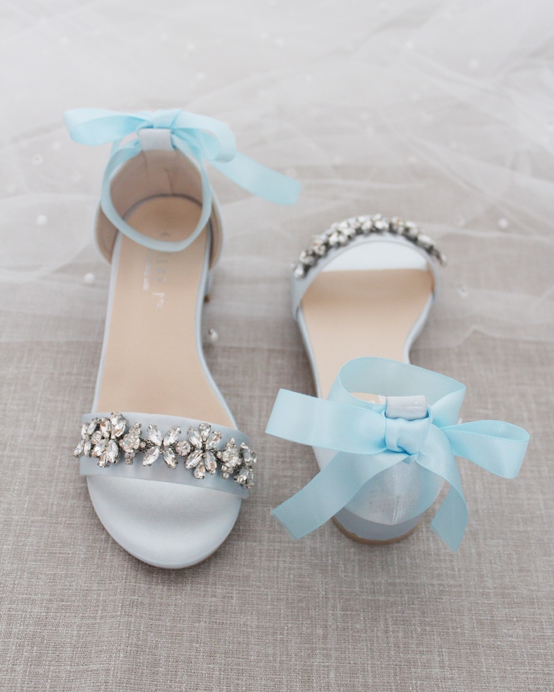 Light Blue Satin Block Heel Sandals With FLORAL RHINESTONES on - Etsy