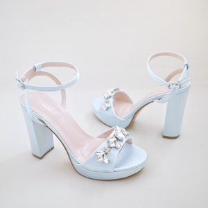 Light Blue Satin Platform Block Heel Wedding Sandals With Navette ...