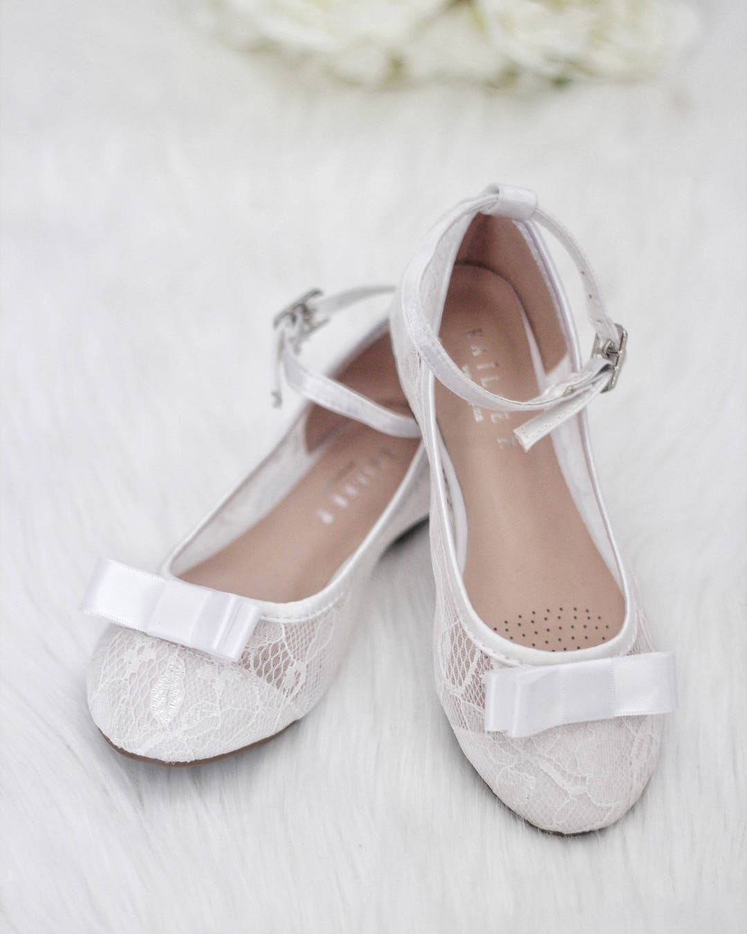 Girls White Lace Ballet Flats With Ankle Strap and Satin TUXEDO BOW ...