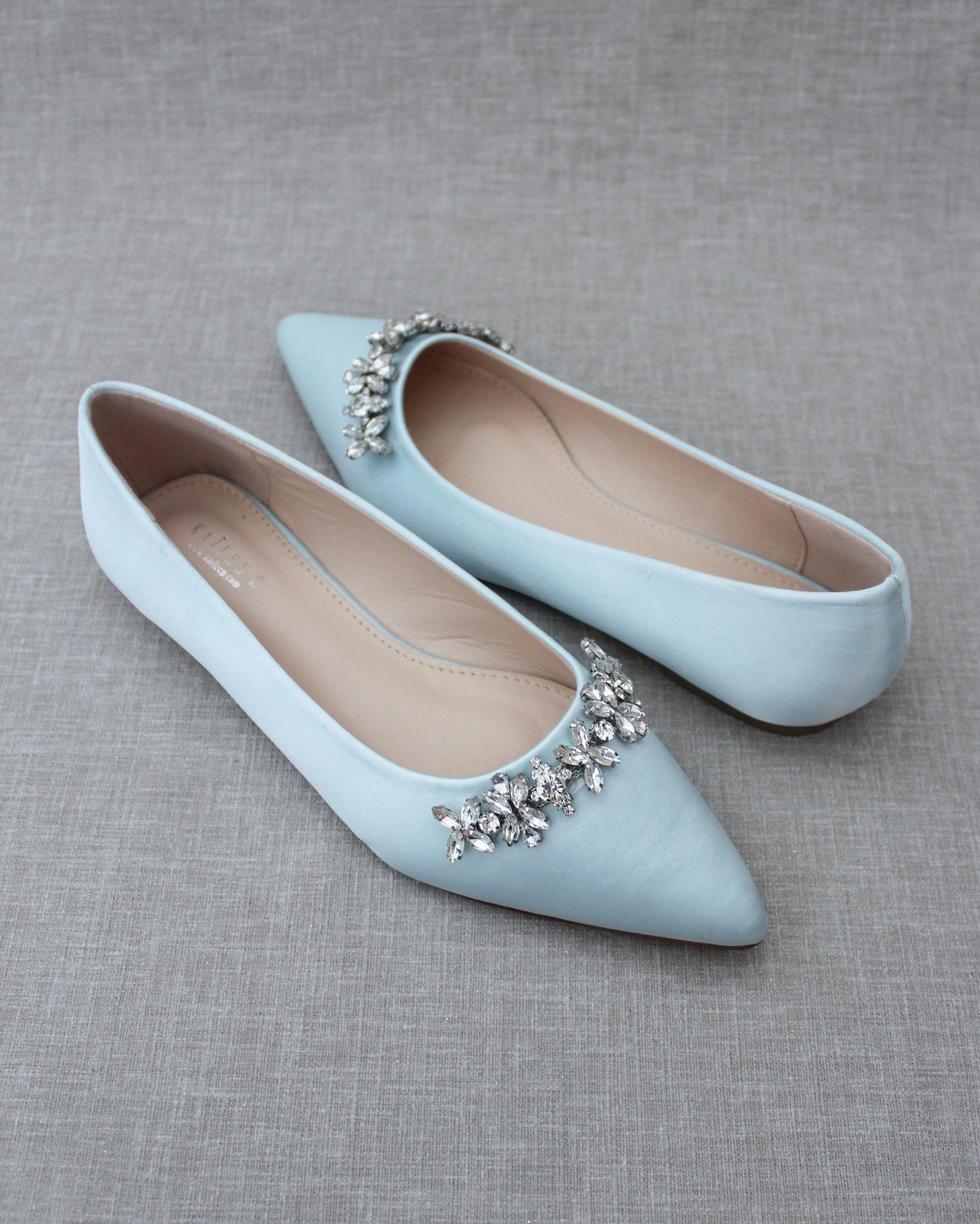 Light Blue Satin Pointy Toe Flats With FLORAL RHINESTONES ...