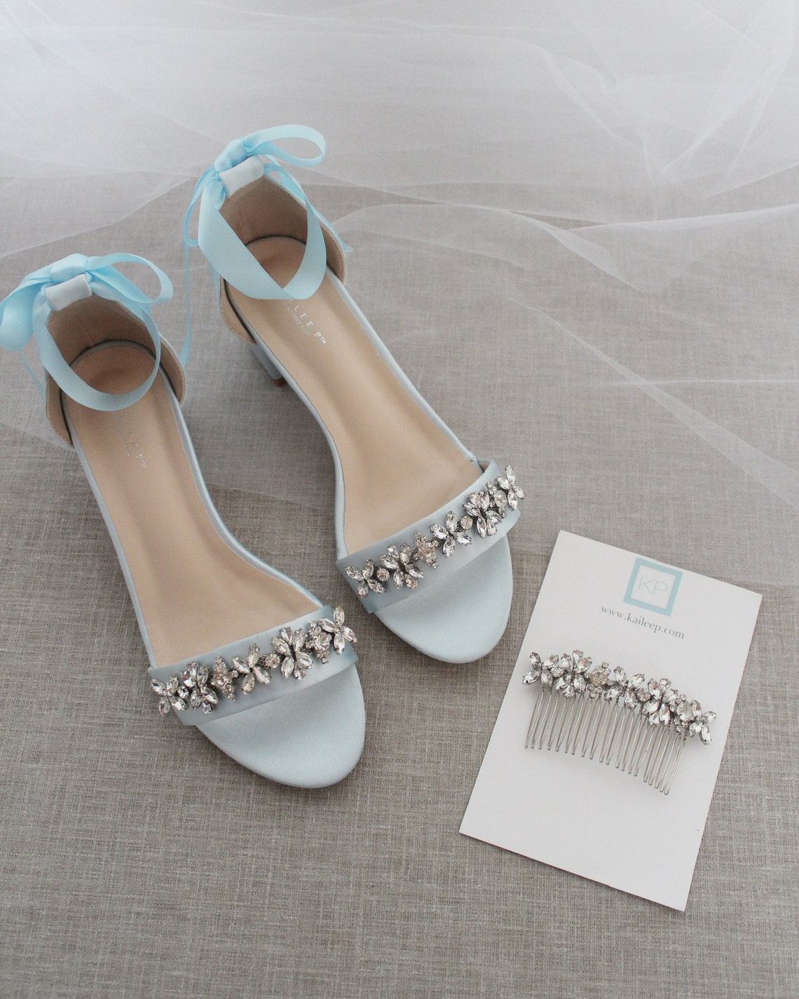 Light Blue Satin Block Heel Sandals with FLORAL RHINESTONES on | Etsy