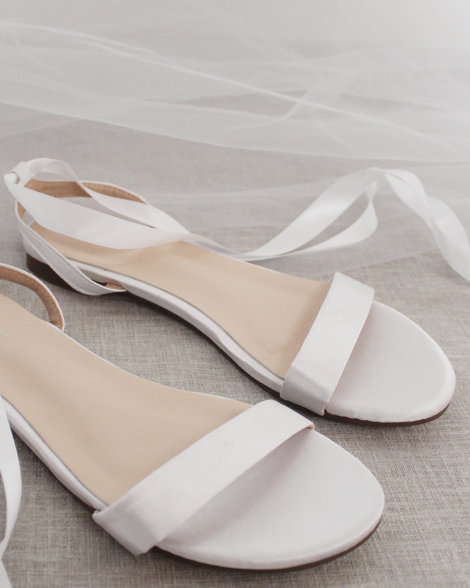White Satin Flat Sandal With Ballerina Lace Up, Bridesmaid Shoes, Women ...