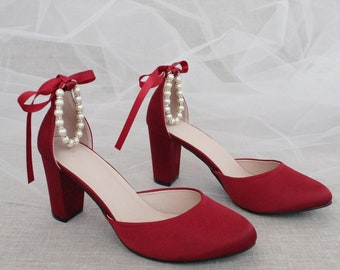 Burgundy Satin Block Heel With Wrapped Ankle Tie, Fall Wedding Shoes ...