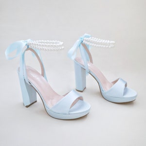 Light Blue Satin Platform Block Heel Wedding Sandals With Double Pearls ...