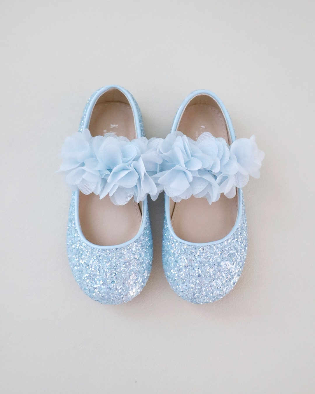 Light Blue Rock Glitter Mary Jane With Chiffon Flowers for Girls ...